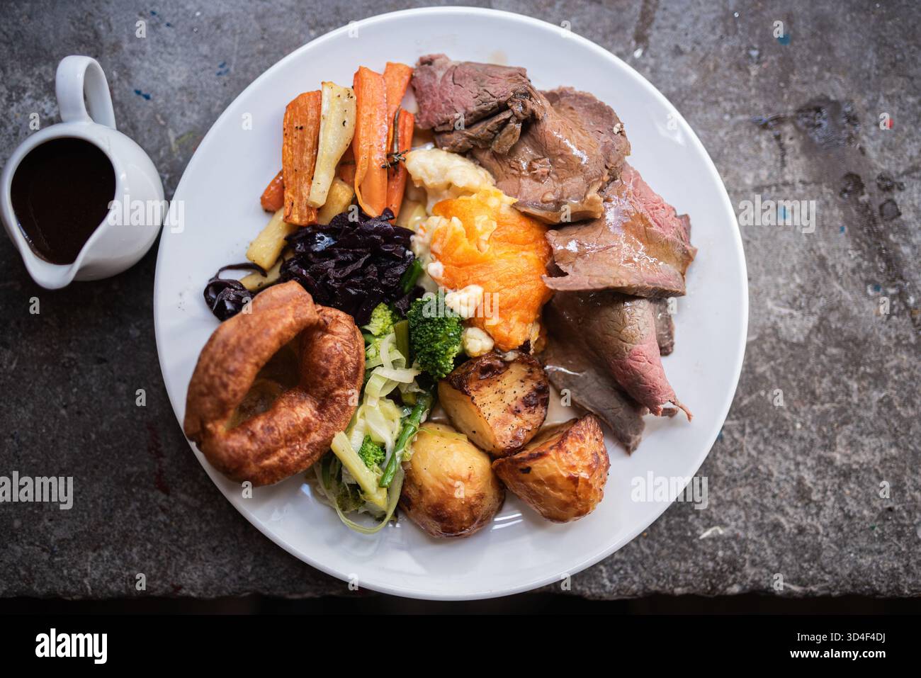 A Sunday dinner with beef and chicken and served on a white plate Stock ...