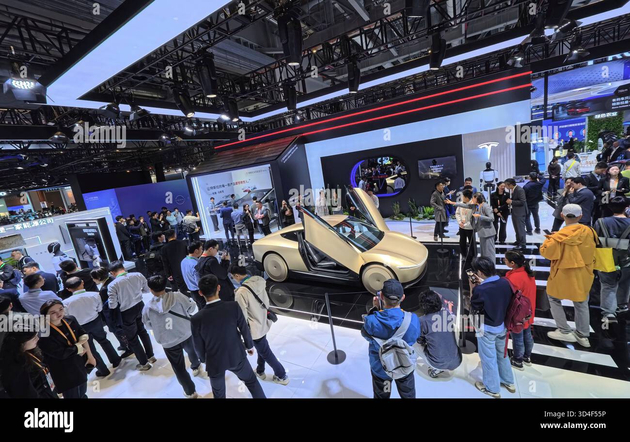 (251110) -- SHANGHAI, Nov. 10, 2025 (Xinhua) -- Visitors view Tesla's ...