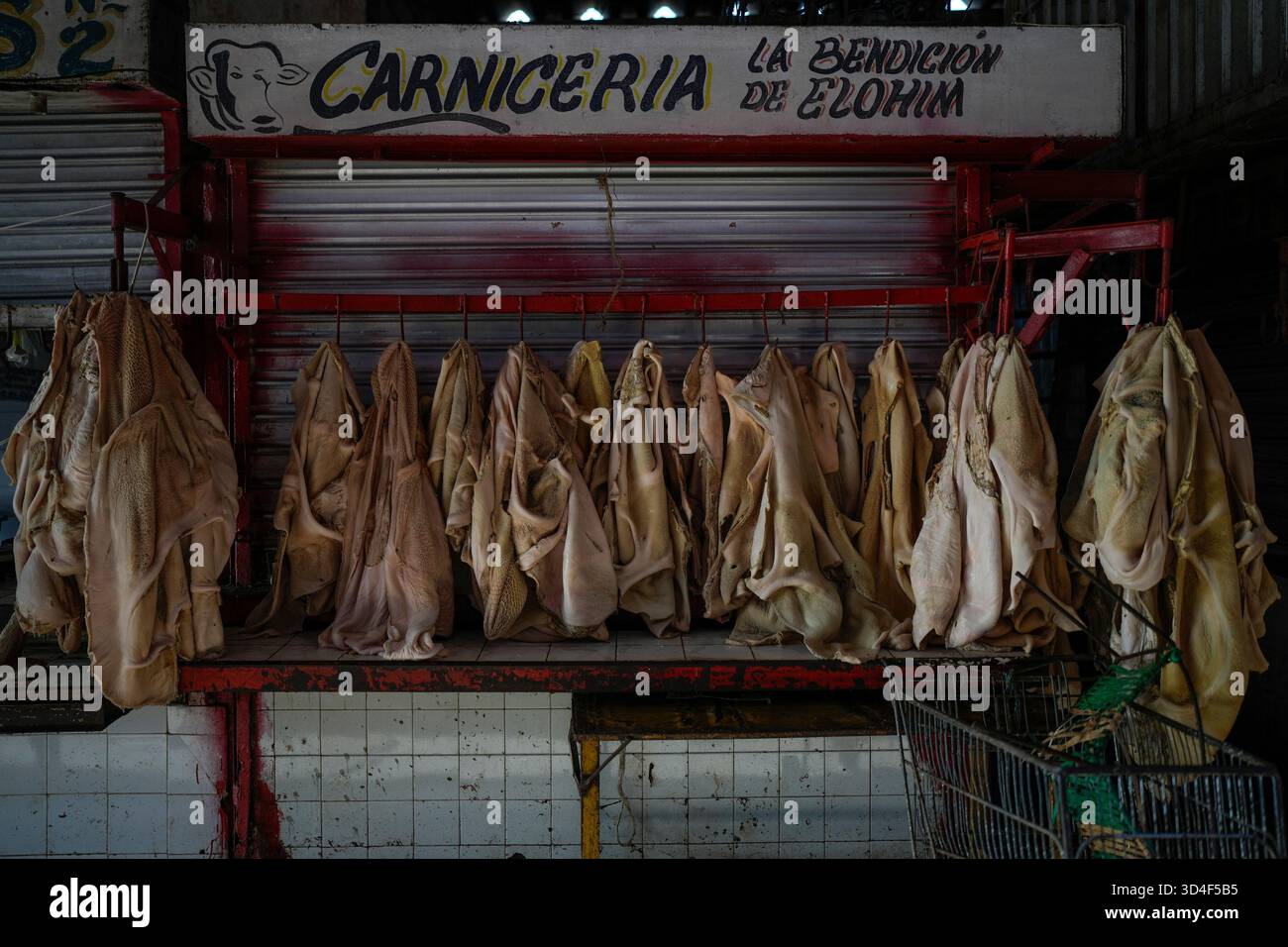 Slabs of raw tripe hang from meat hooks at a butchery in Las Pulgas ...