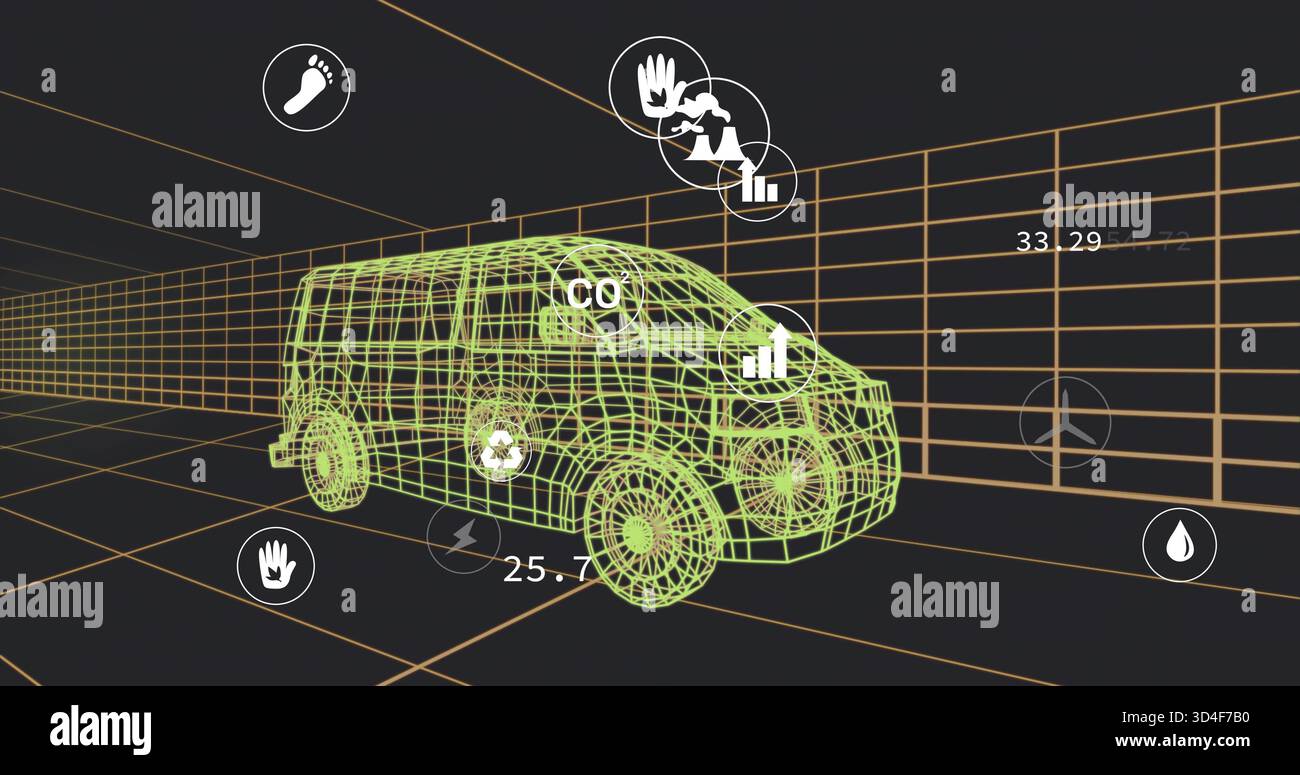 Displaying green wireframe van hovering inside orange grid tunnel ...