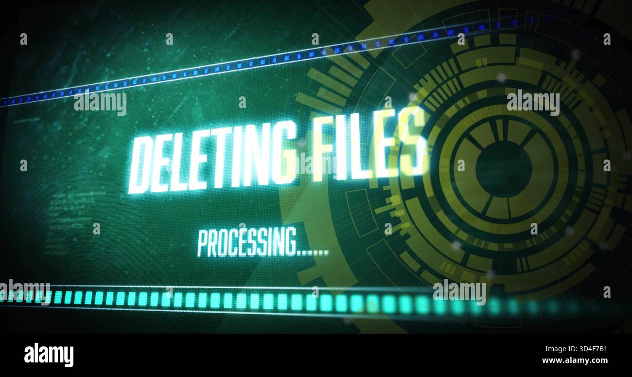 Displaying bold DELETING FILES headline pulsing on digital HUD, showing ...
