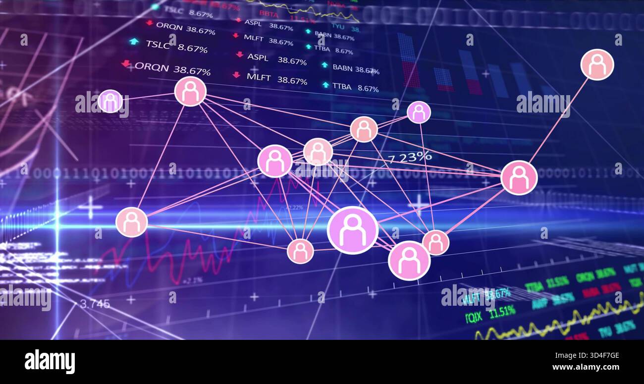 Displaying central cluster of pink avatar nodes on trading dashboard ...