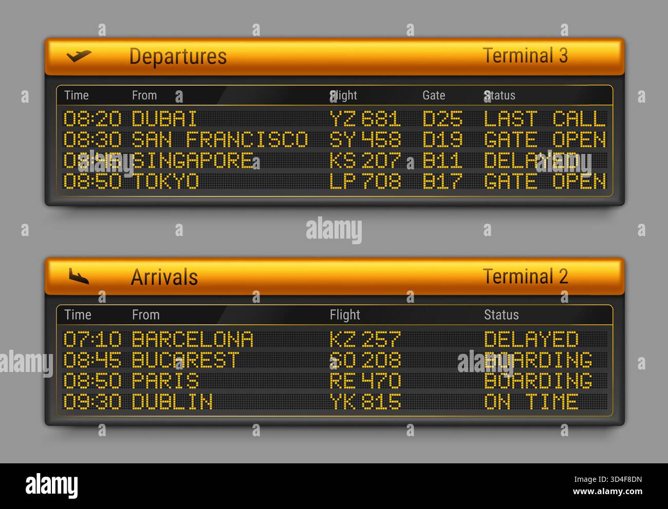 Realistic airport flight information scoreboard with departure time and ...