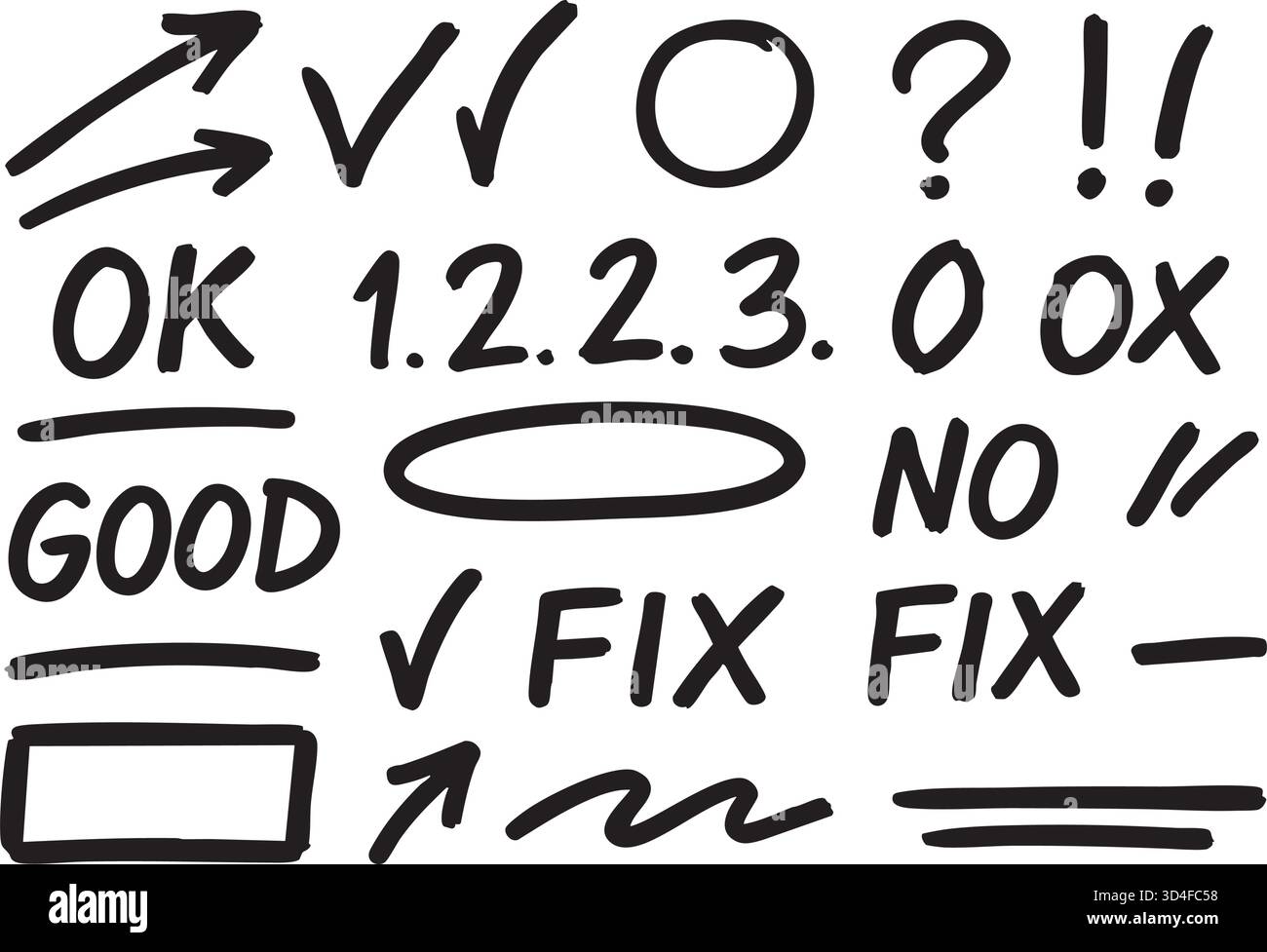 Handwritten black marker marks symbols arrows checkmarks numbers words ...