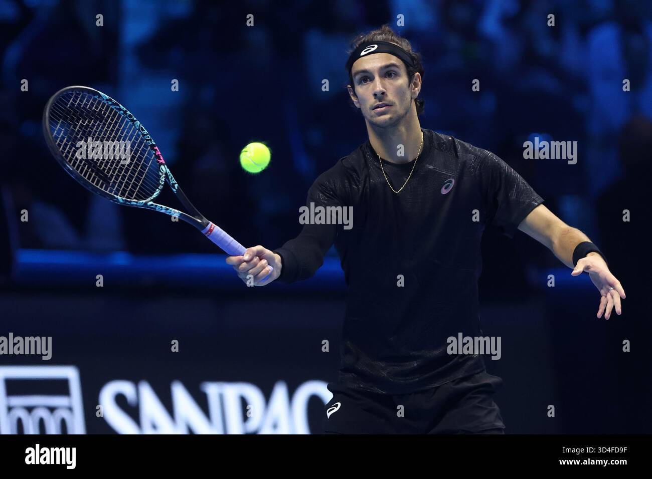 Lorenzo Musetti of Italy in action during the Round Robin singles match between Lorenzo Musetti ...