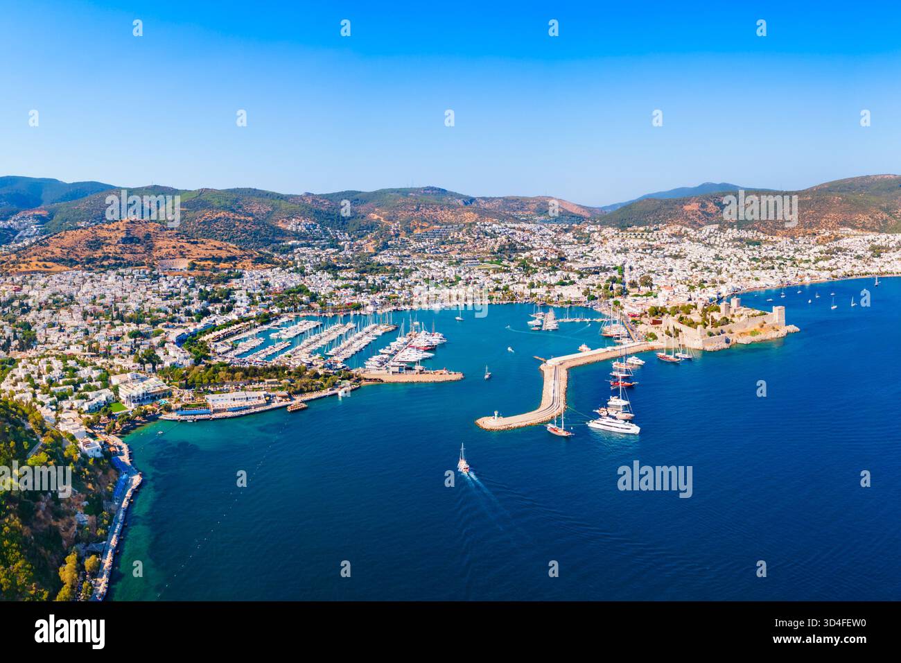 Bodrum city beach and marina aerial panoramic view. Bodrum is a city in ...