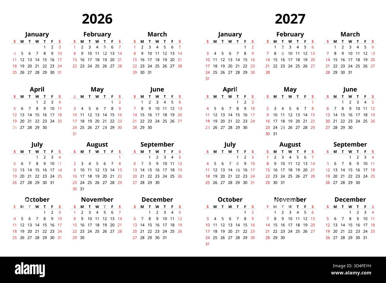 2026 2027 calendar english hi-res stock photography and images - Alamy