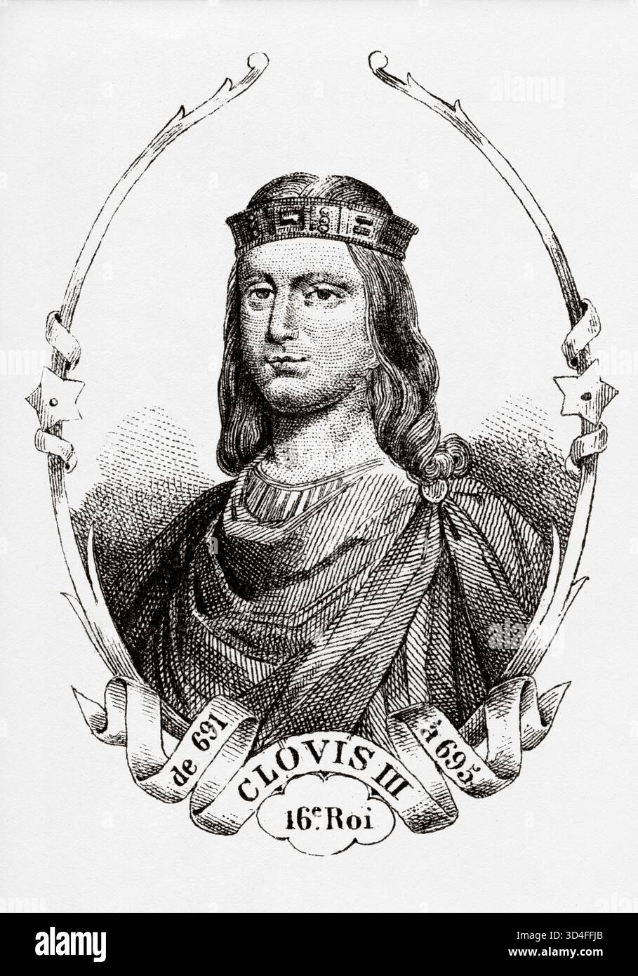 Portrait of Clovis III (670 -) King of the Franks. Ancient illustration ...