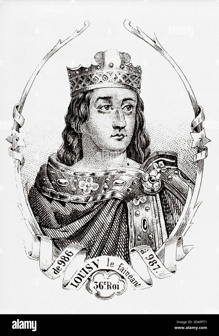 Portrait of Louis V (967-987) King of the Franks. Ancient illustration ...