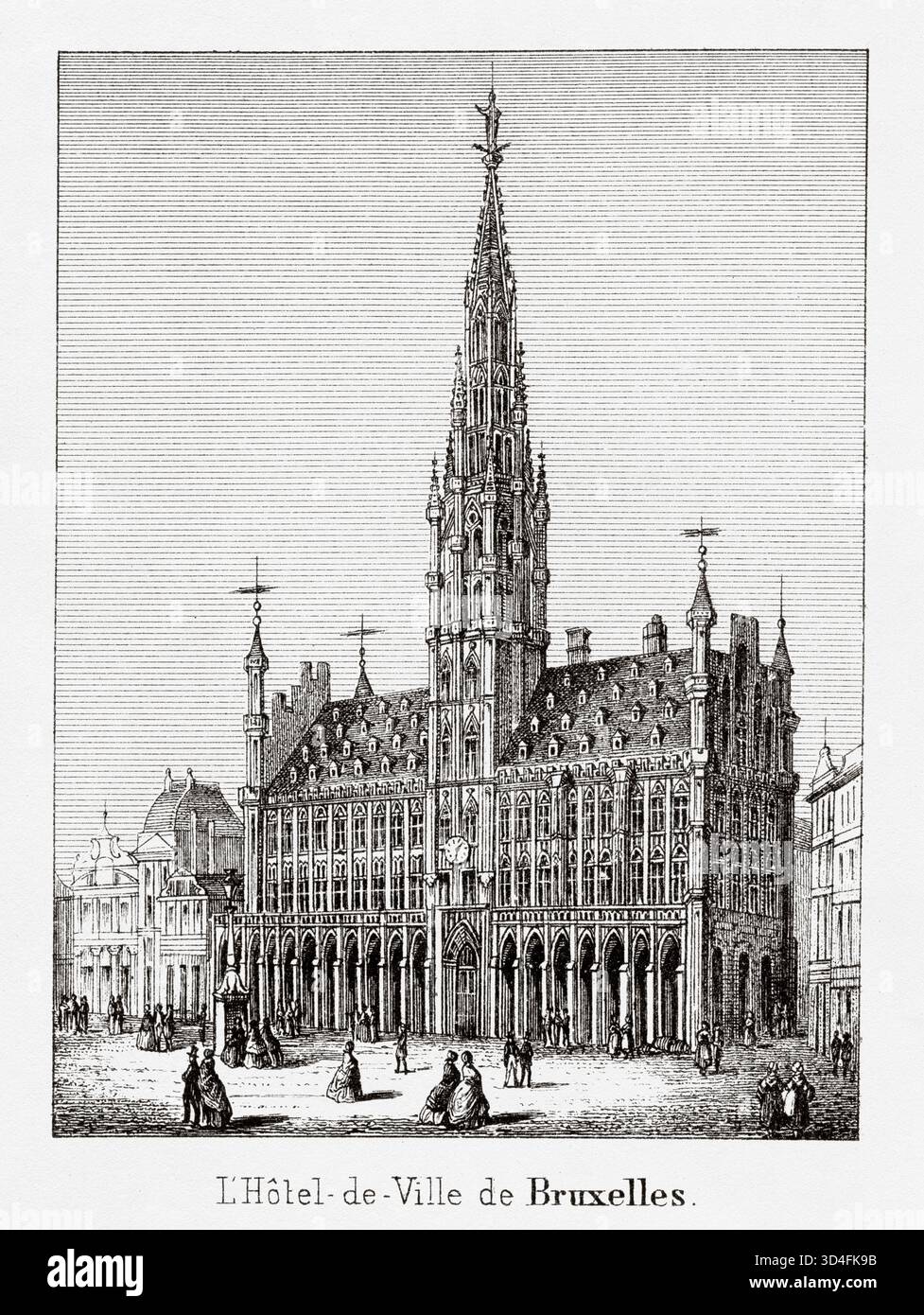 Brussels Town Hall, Belgium. Ancient illustration by Emile Simon (1805 ...