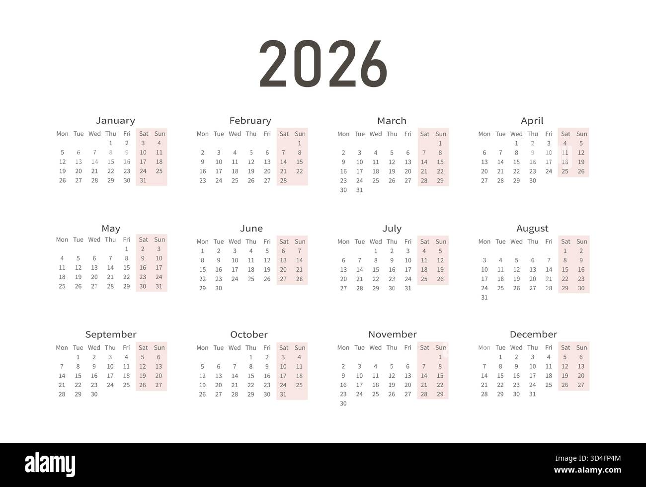 Minimalistic calendar for 2026. Vector layout of a wall or desktop ...