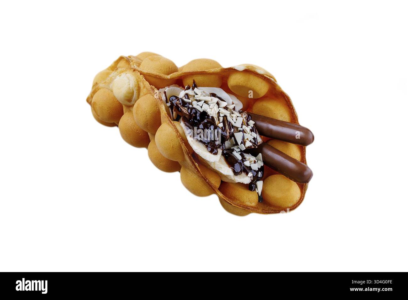Food, Golden egg bubble waffle folded into a cone and packed with ...