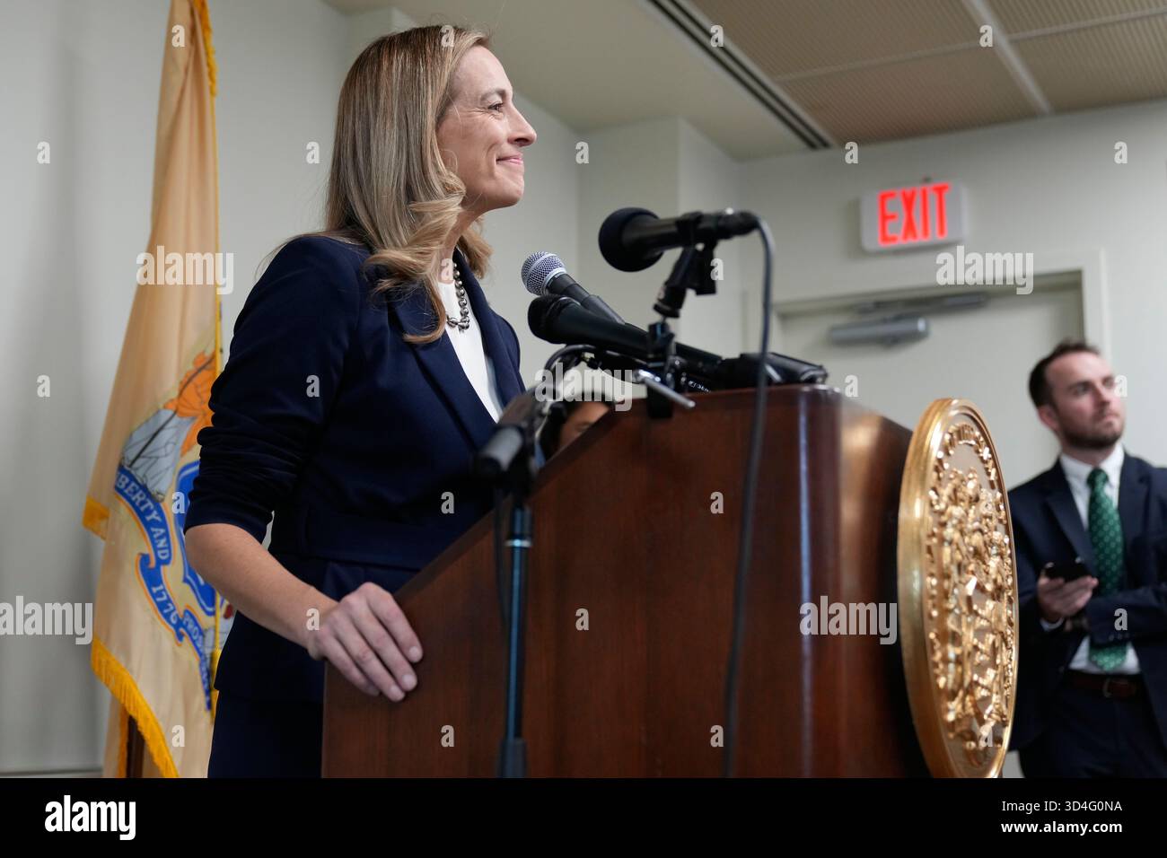 New Jersey Governor-elect Mikie Sherrill talks to reporters during a ...