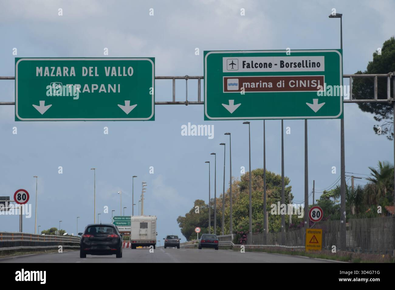 Road transportation on Sicily, Italy, green signs guide to cities by ...