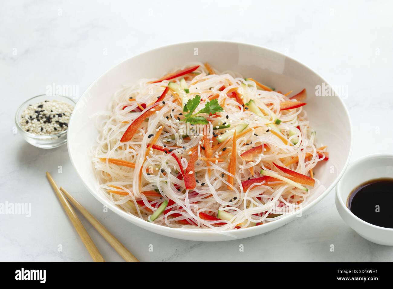 Food, Funchoza rice noodles salad with vegetables in white bowl Stock ...
