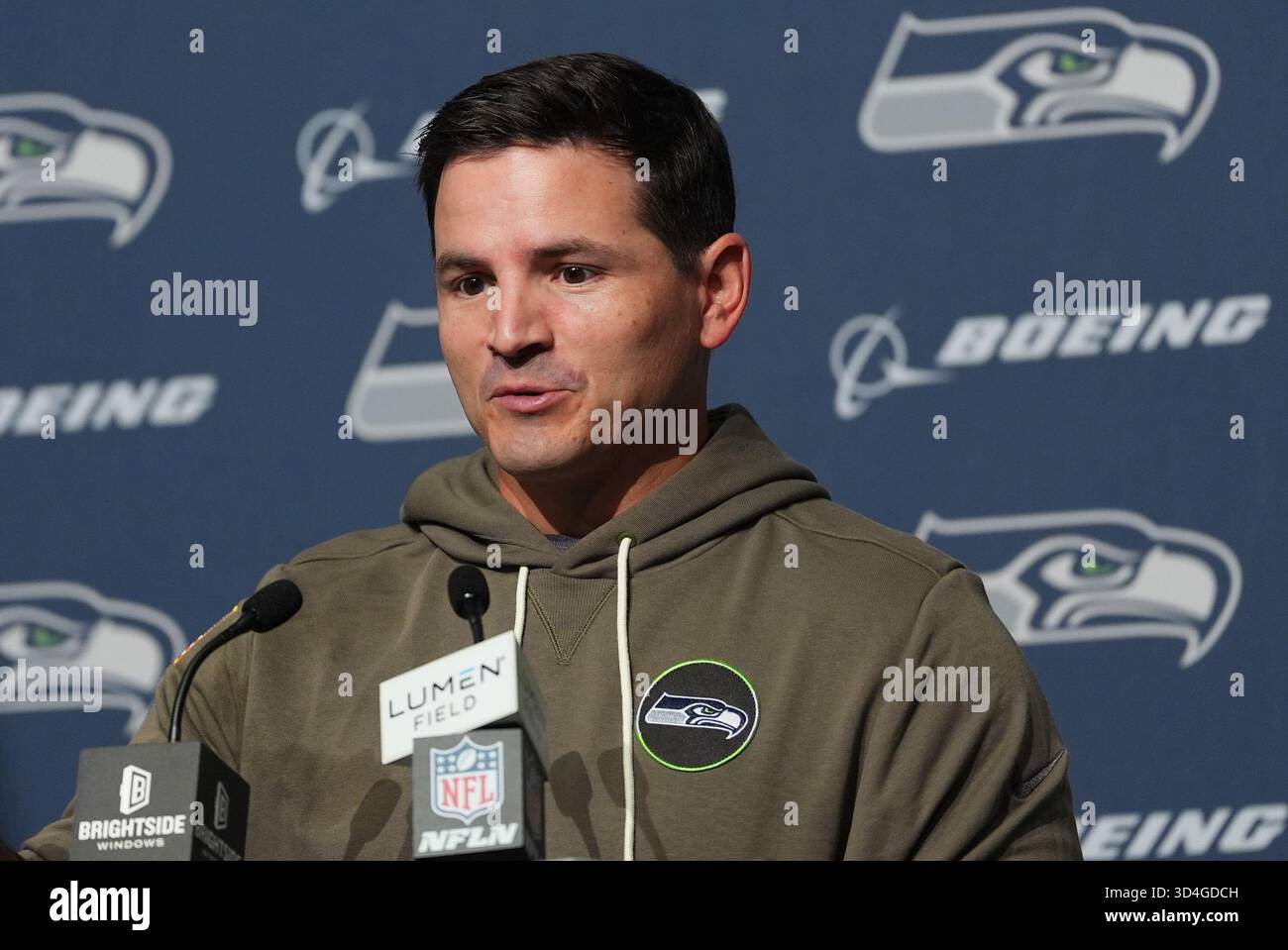 Seattle Seahawks head coach Mike Macdonald speaks during a press ...