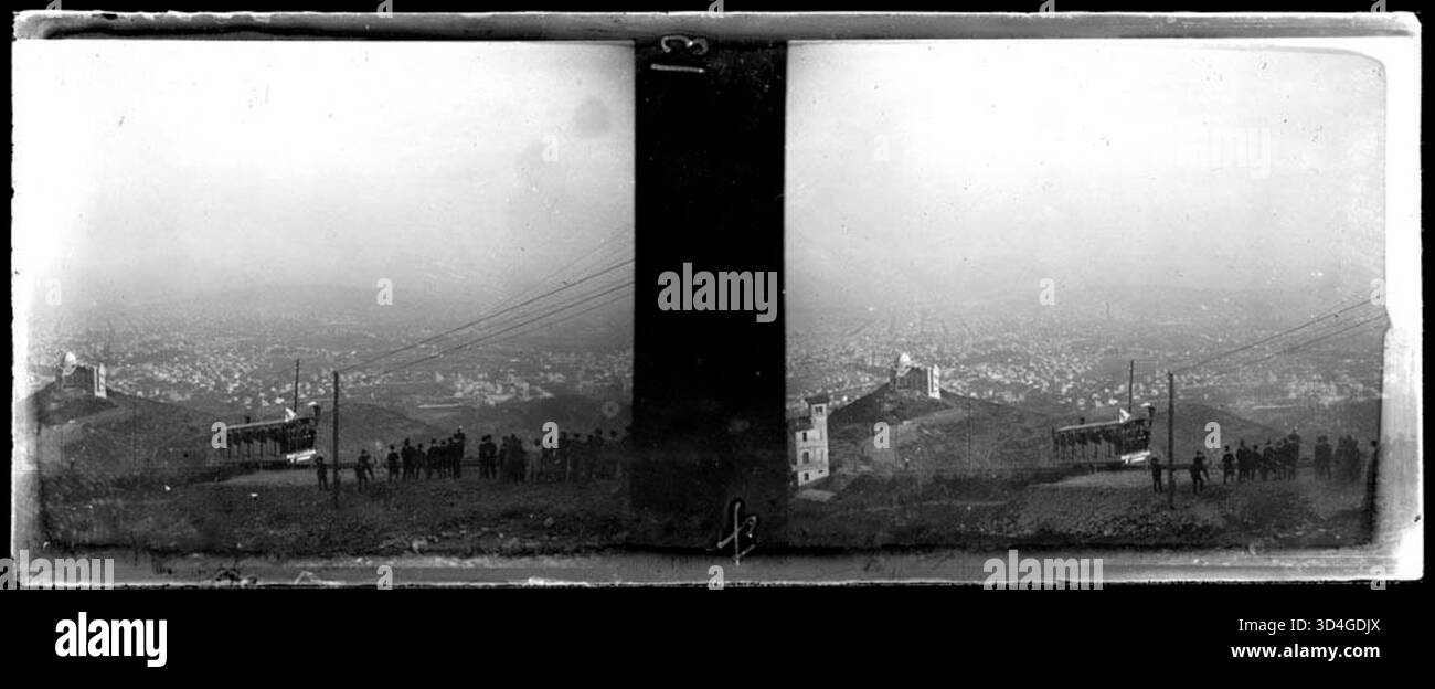 View of Barcelona from Tibidabo, featuring the funicular, people, and ...
