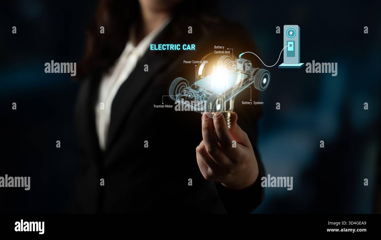 Structure of electric car showing battery system, traction motor ...