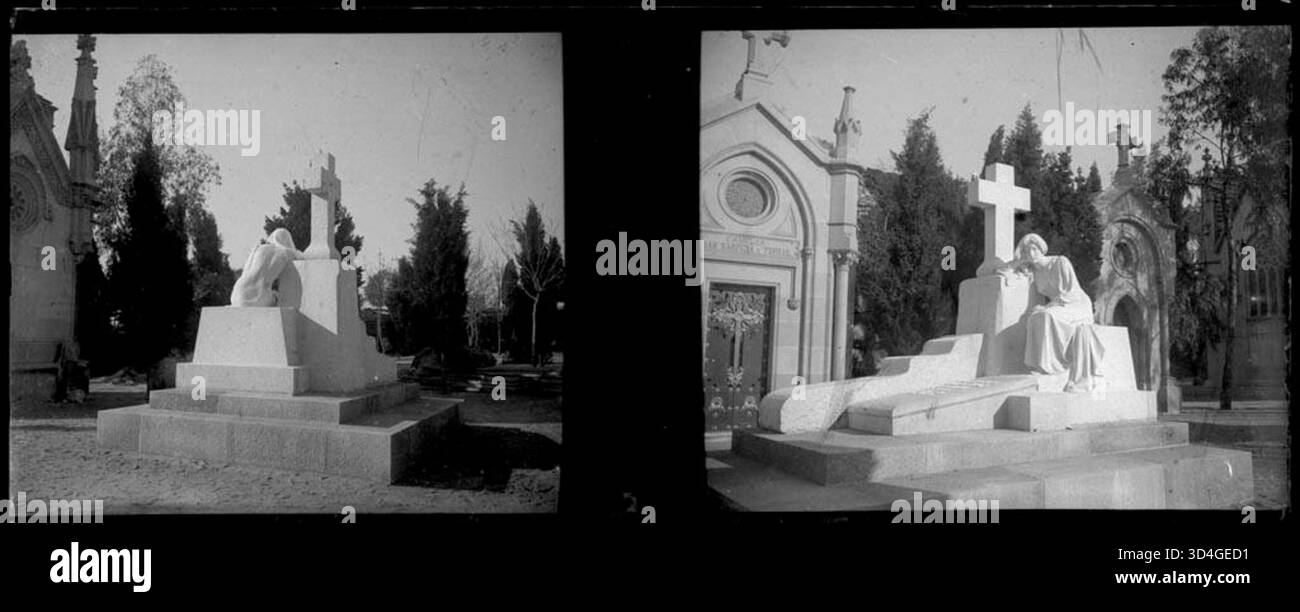 Two images of funerary monuments; on the left, a rear view of a tomb ...