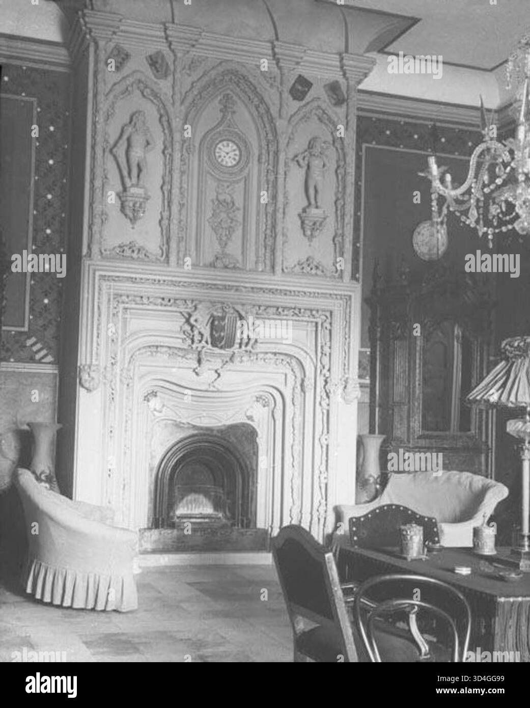 Restored photograph showing the interior of a house in Bendinat with a ...
