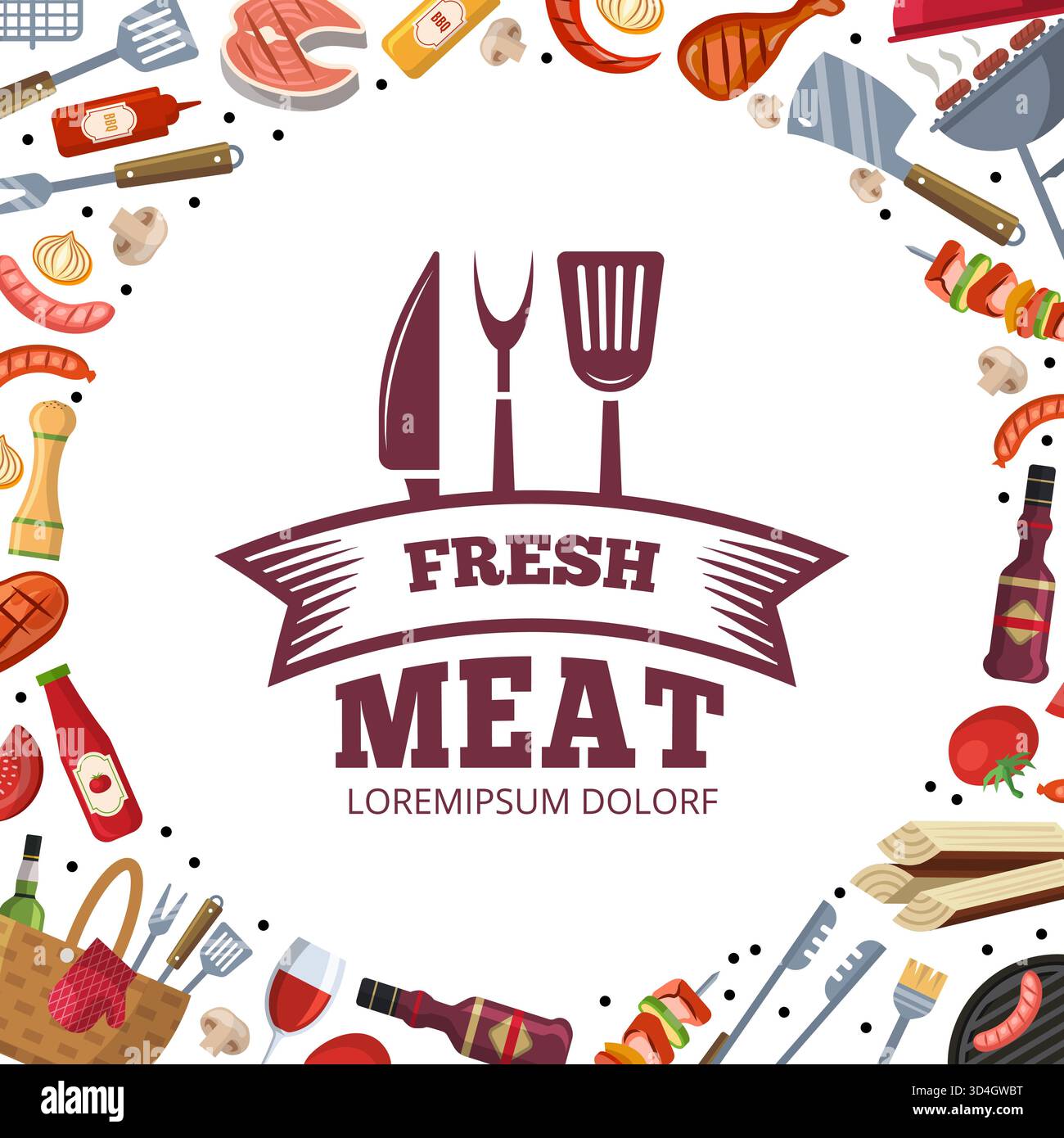 BBQ. circle form poster for butchery market. vector template bbq ...