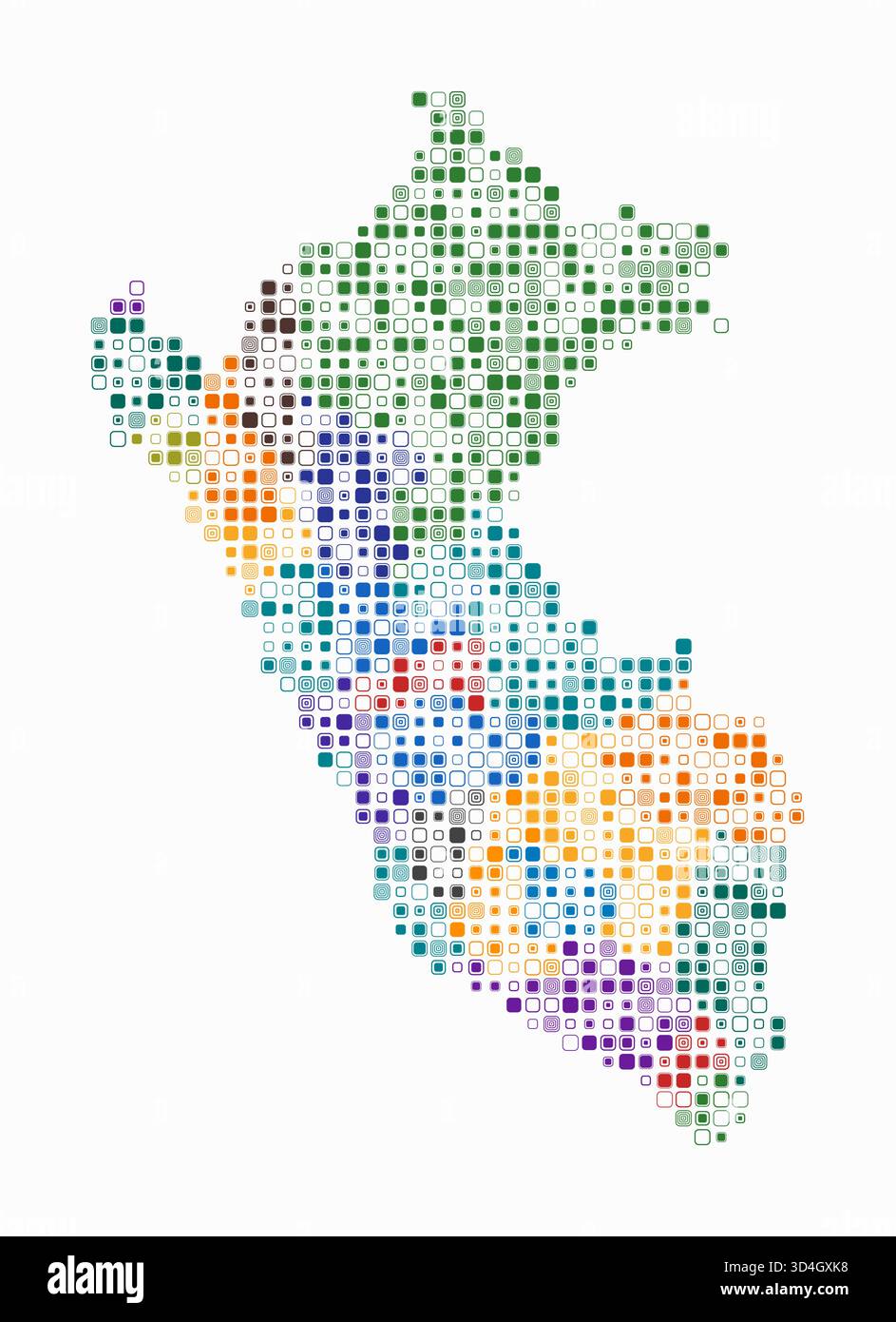 Peru, shape of the country built of colored cells. Digital style map of ...