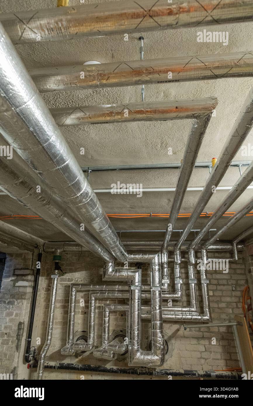 potbelly pig. Industrial piping system features metallic ducts and ...