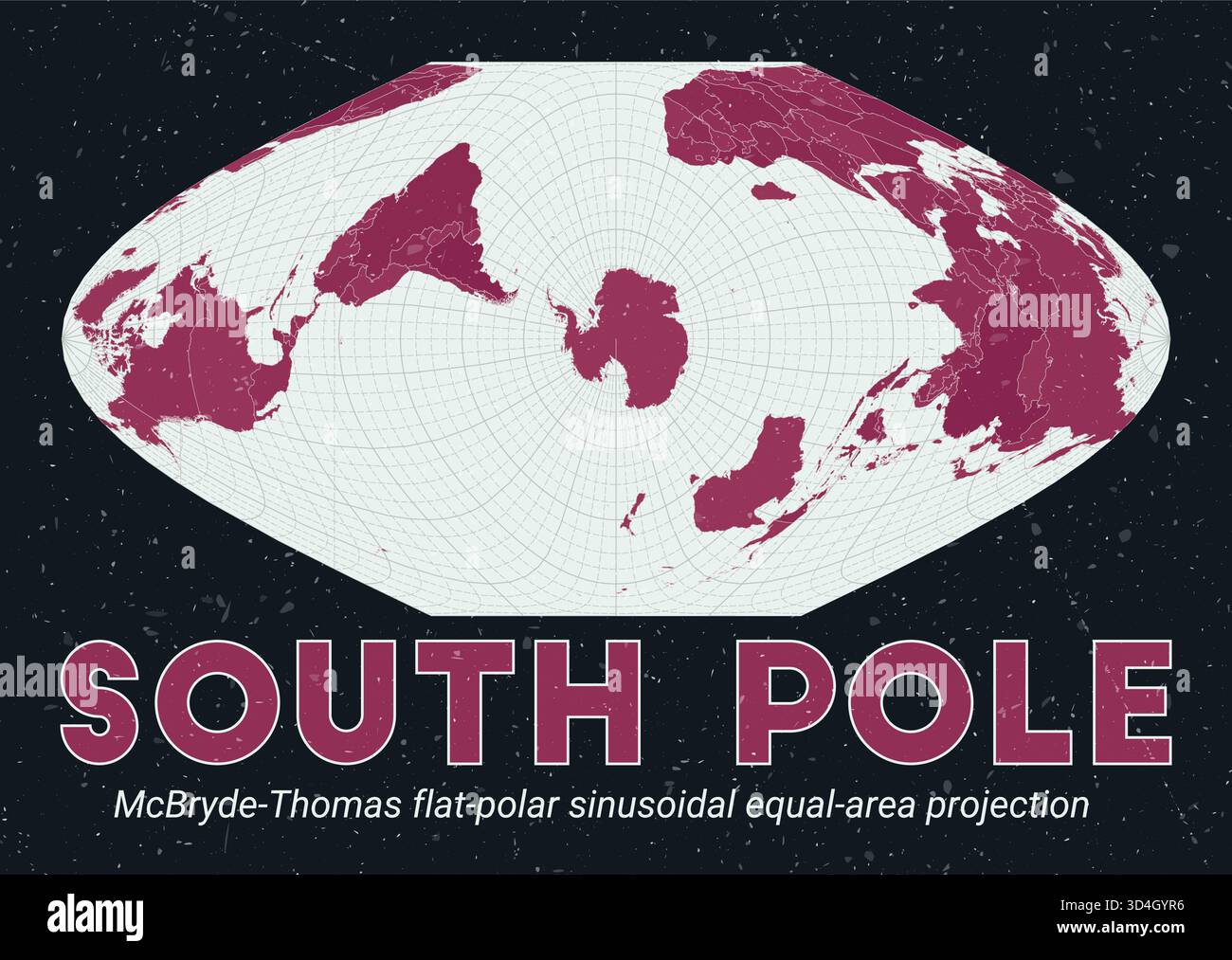 South Pole. World map. McBryde-Thomas flat-polar sinusoidal equal-area ...