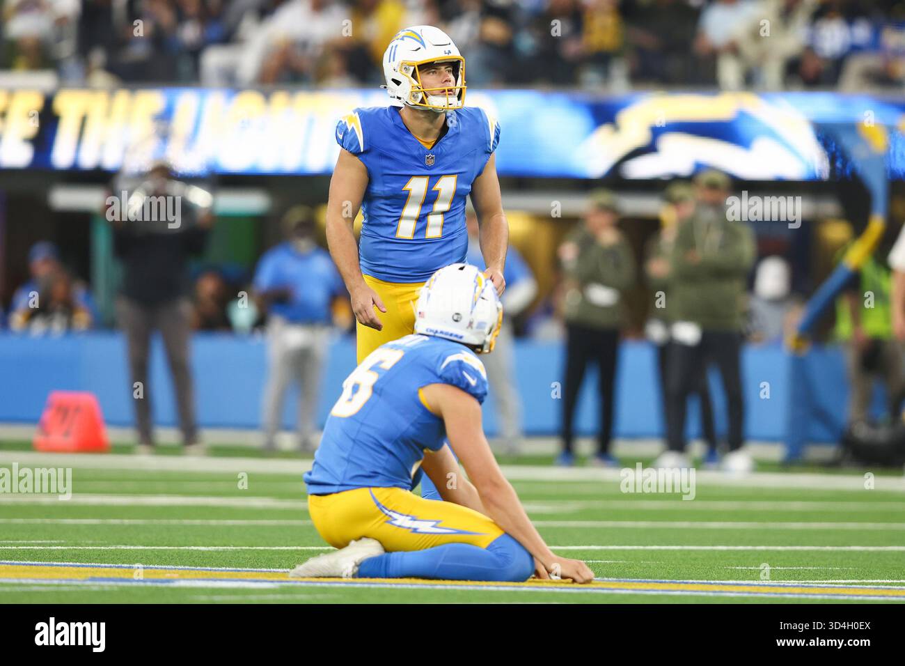Los Angeles Chargers place kicker Cameron Dicker (11) prepares for a ...