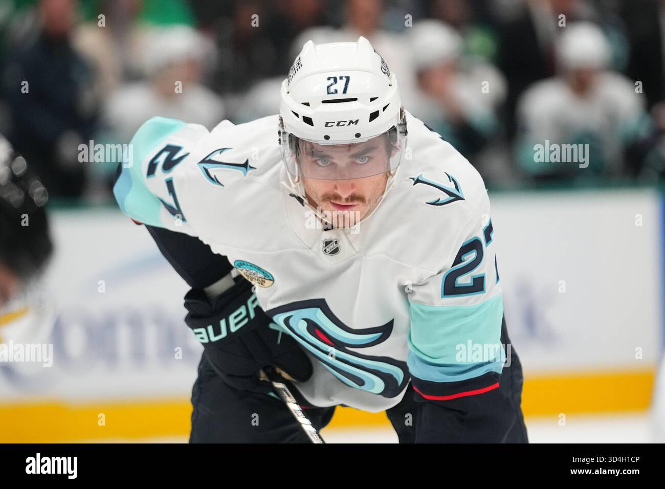 Seattle Kraken left wing Mason Marchment (27) waits for the puck drop ...