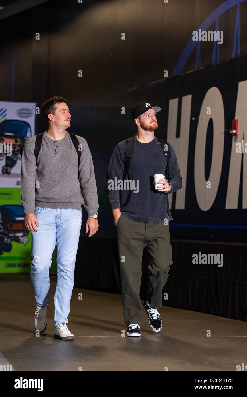 Seattle Seahawks quarterback Drew Lock (2) and quarterback Sam Darnold ...