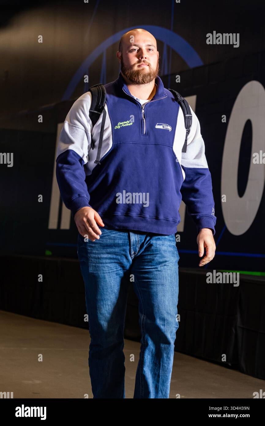 Seattle Seahawks guard Bryce Cabeldue (77) arrives before an NFL ...