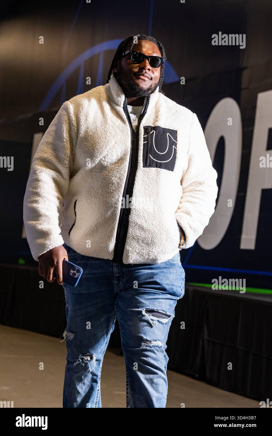 Seattle Seahawks guard Christian Haynes (64) arrives before an NFL ...