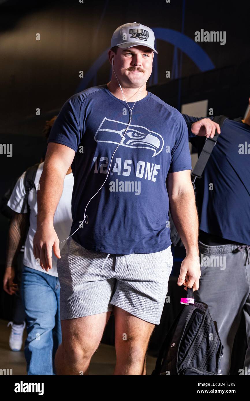 Seattle Seahawks guard Grey Zabel (76) arrives before an NFL football ...