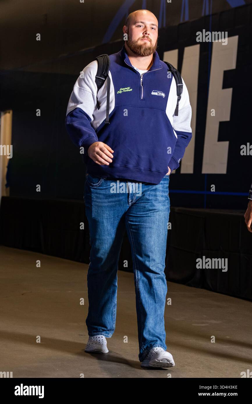 Seattle Seahawks guard Bryce Cabeldue (77) arrives before an NFL ...