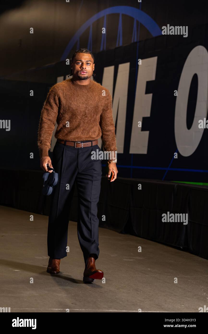 Seattle Seahawks safety Coby Bryant (8) arrives before an NFL football ...
