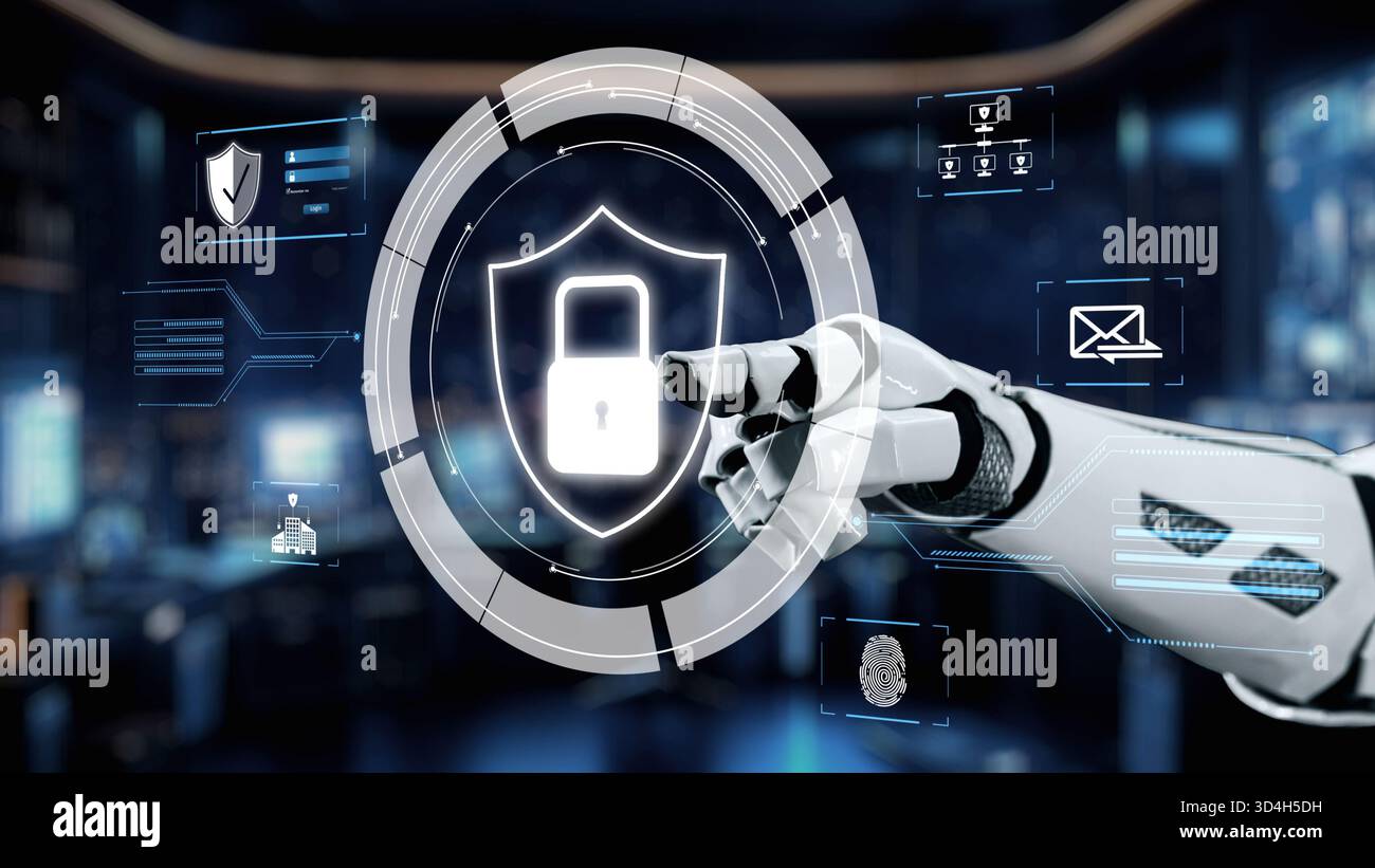 A futuristic robotic hand engages with a digital security shield icon ...