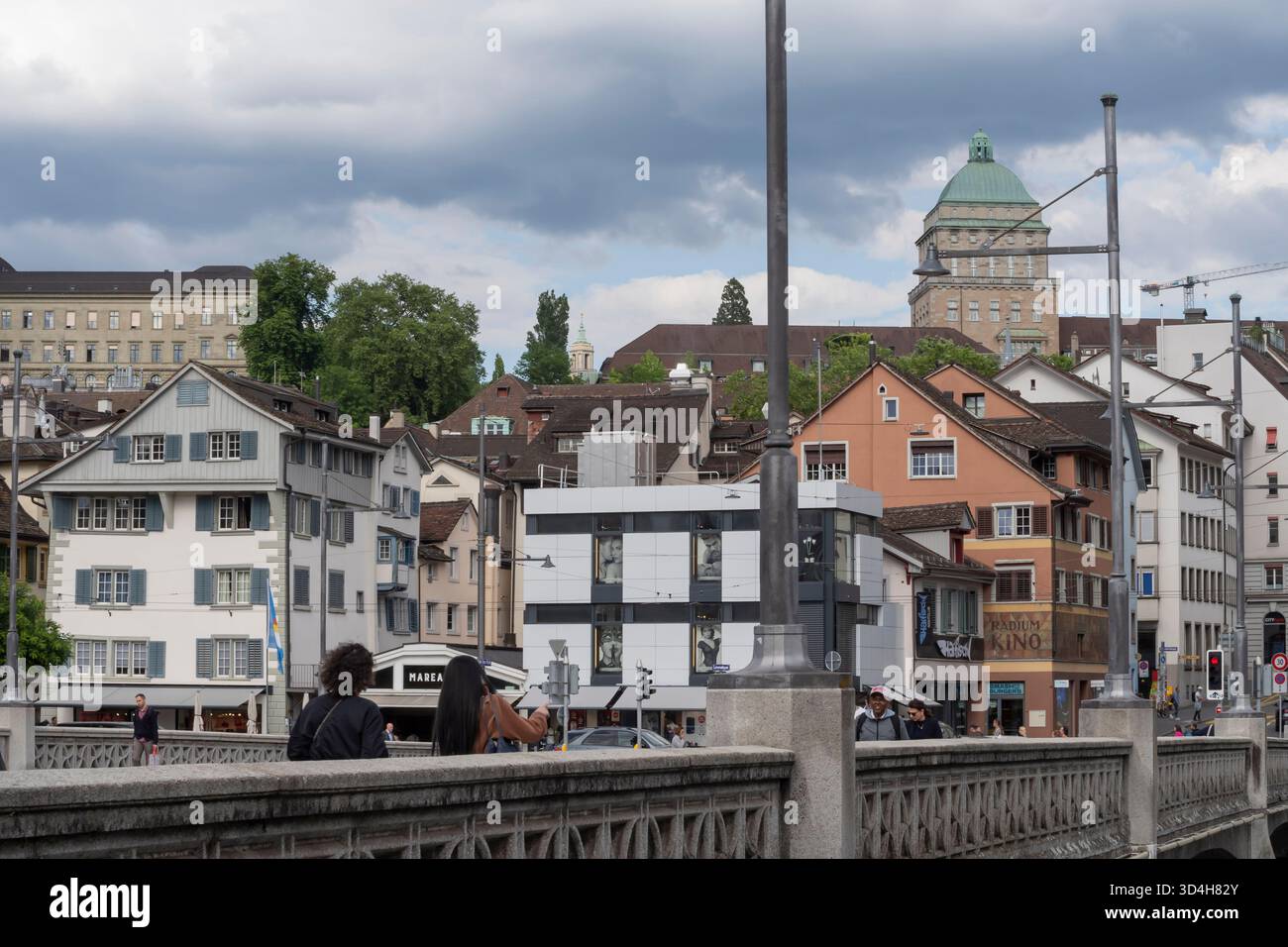 Zurich street view with colorful houses, modern facade, traffic and ...