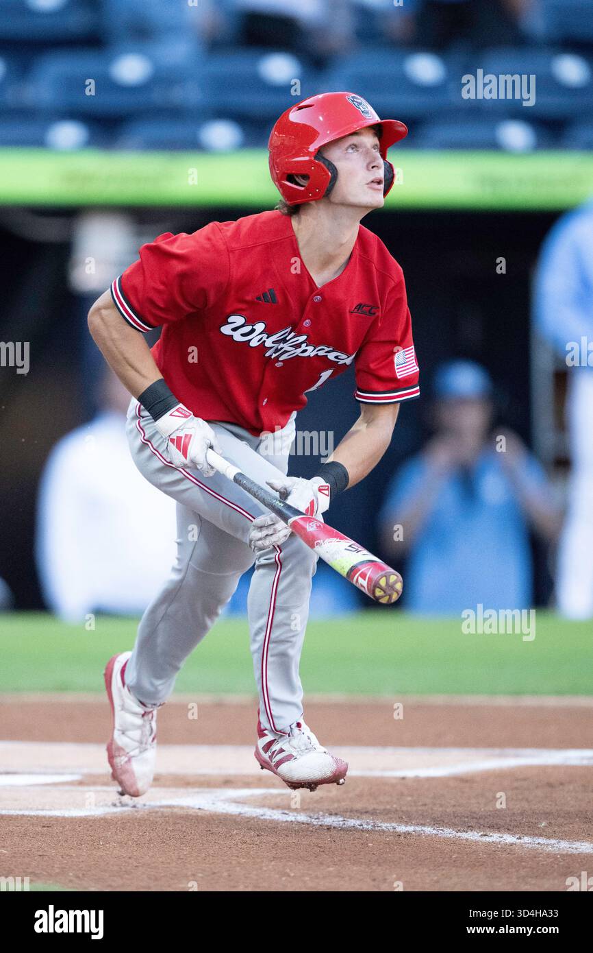 Everett Johnson (1) of the NC State Wolfpack at bat during an NCAA exhibition baseball game ...