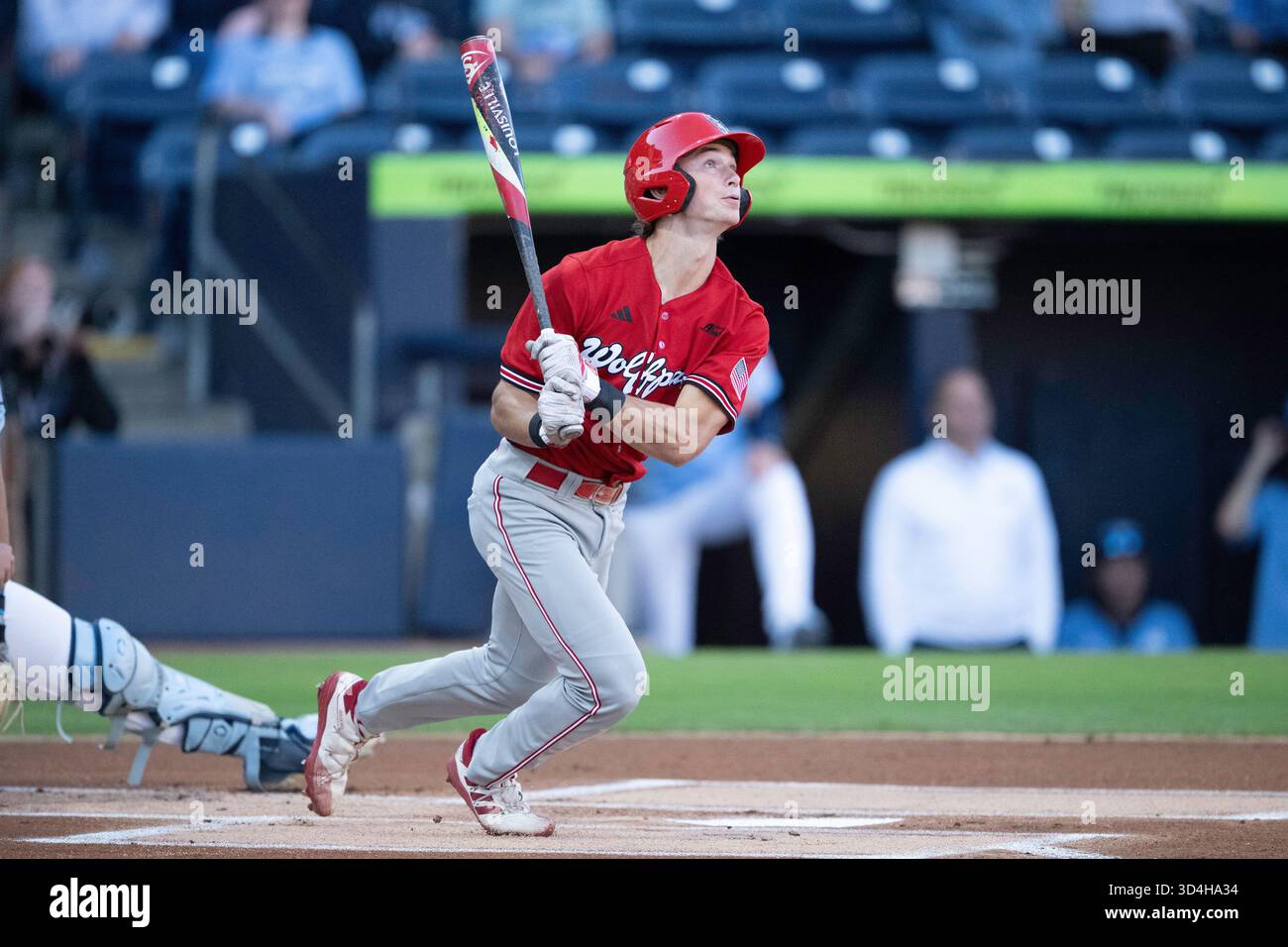 Everett Johnson (1) of the NC State Wolfpack at bat during an NCAA ...