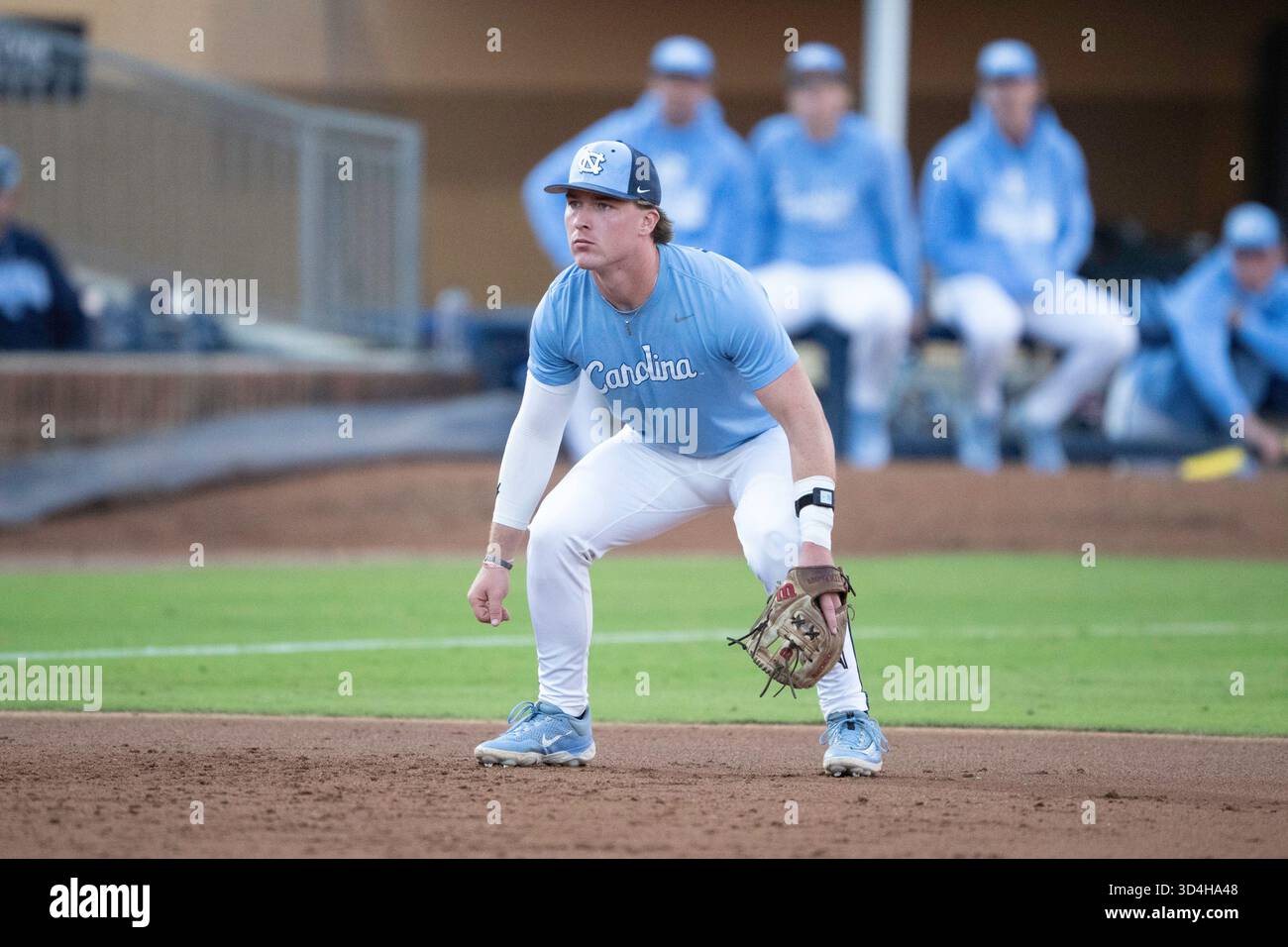 Third baseman Cooper Nicholson (1) of the UNC Tar Heels in action ...