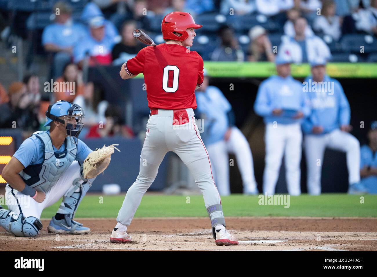 Luke Nixon (0) of the NC State Wolfpack at bat during an NCAA ...