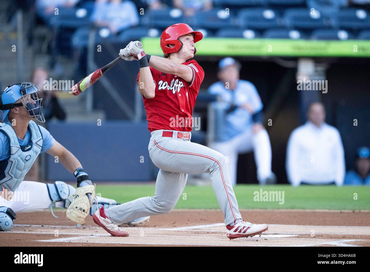 Everett Johnson (1) of the NC State Wolfpack at bat during an NCAA exhibition baseball game ...