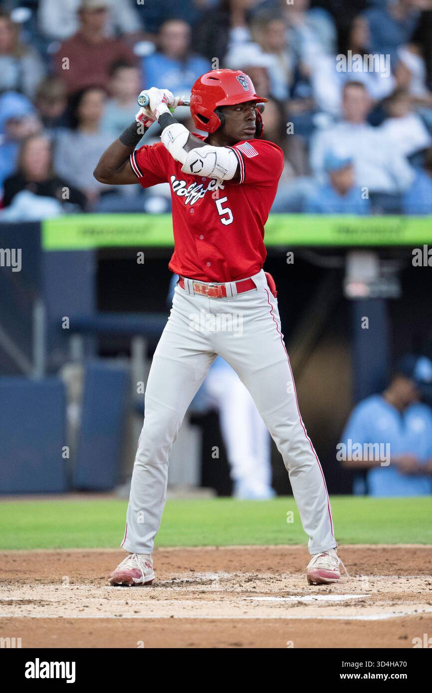Sherman Johnson (5) of the NC State Wolfpack at bat during an NCAA ...