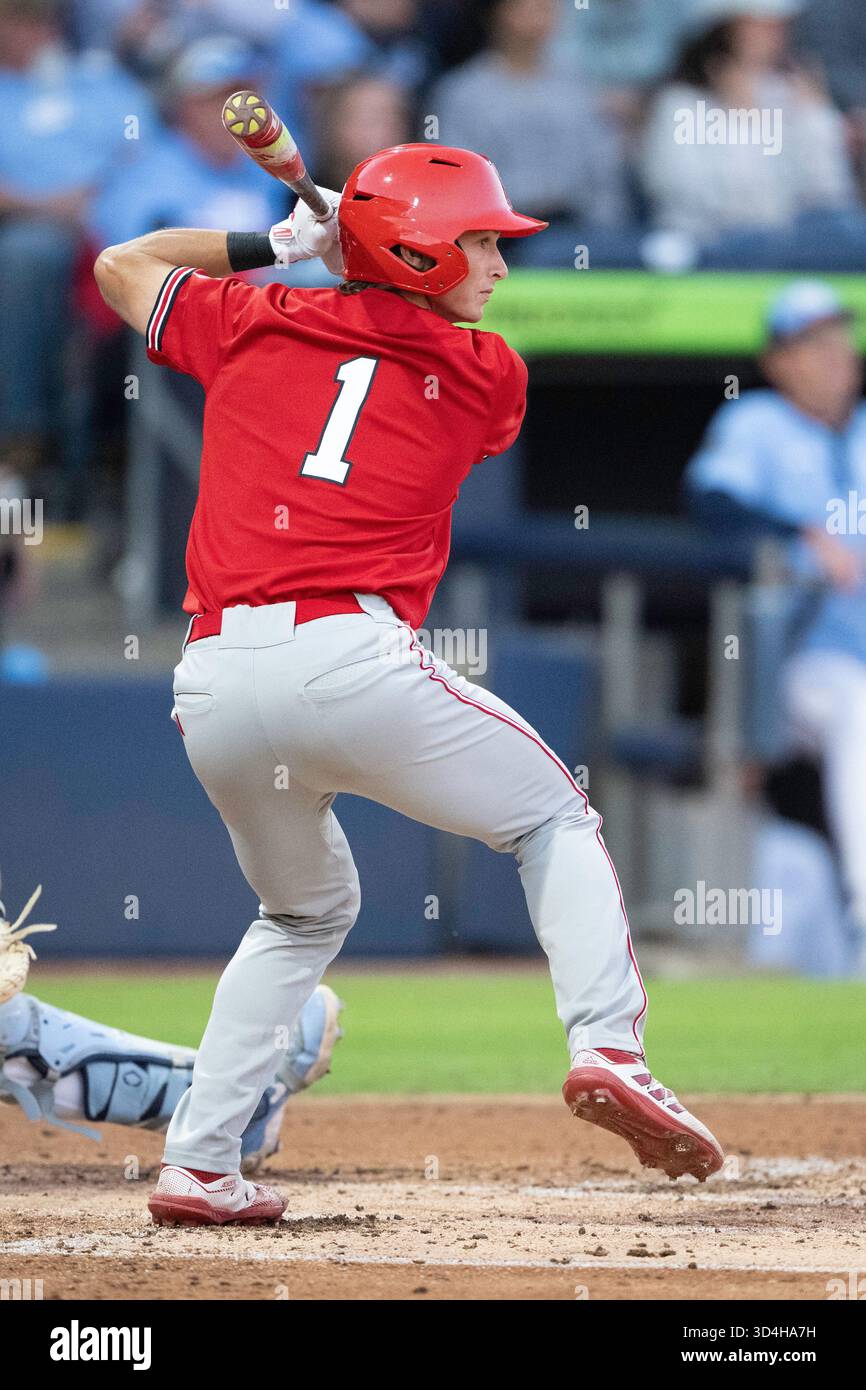 Everett Johnson (1) of the NC State Wolfpack at bat during an NCAA ...