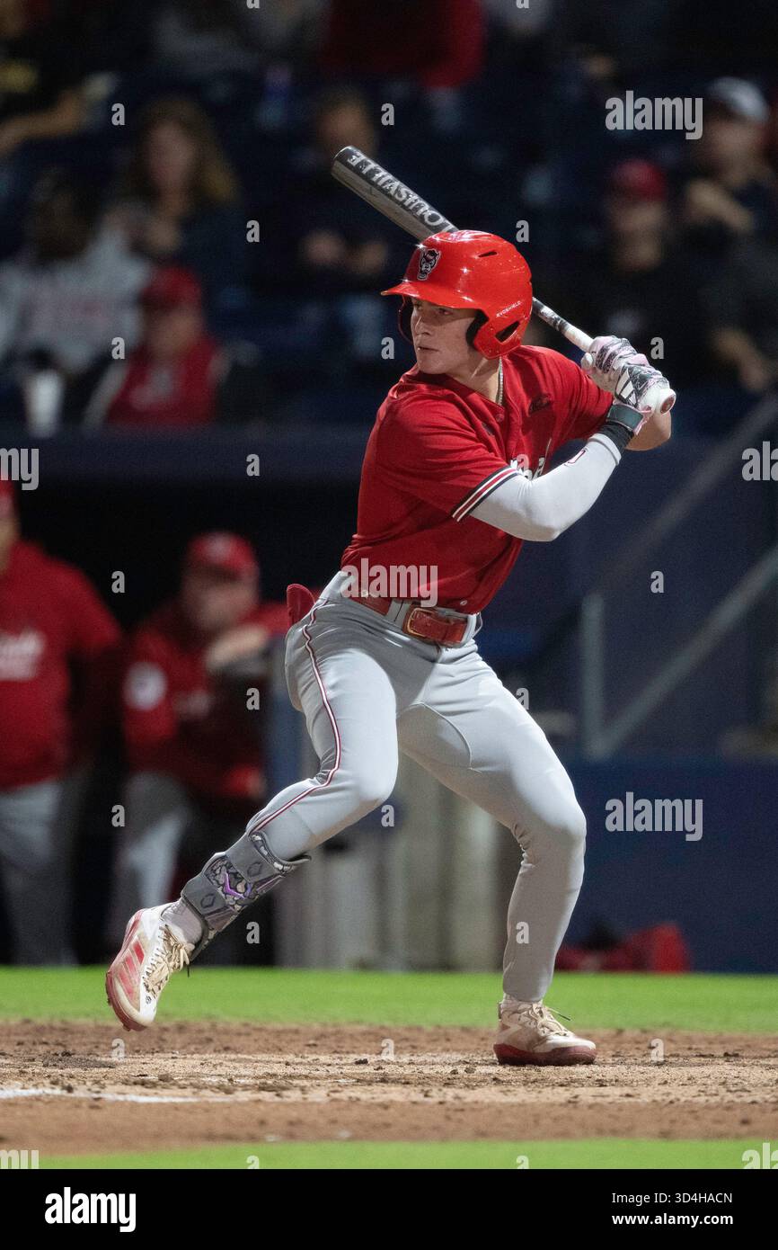 Luke Nixon (0) of the NC State Wolfpack at bat during an NCAA exhibition baseball game against ...