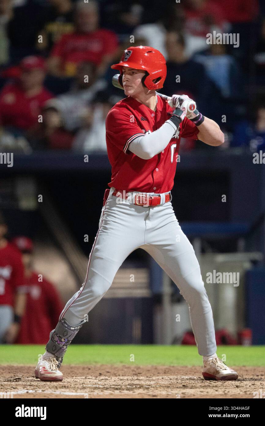 Luke Nixon (0) of the NC State Wolfpack at bat during an NCAA ...