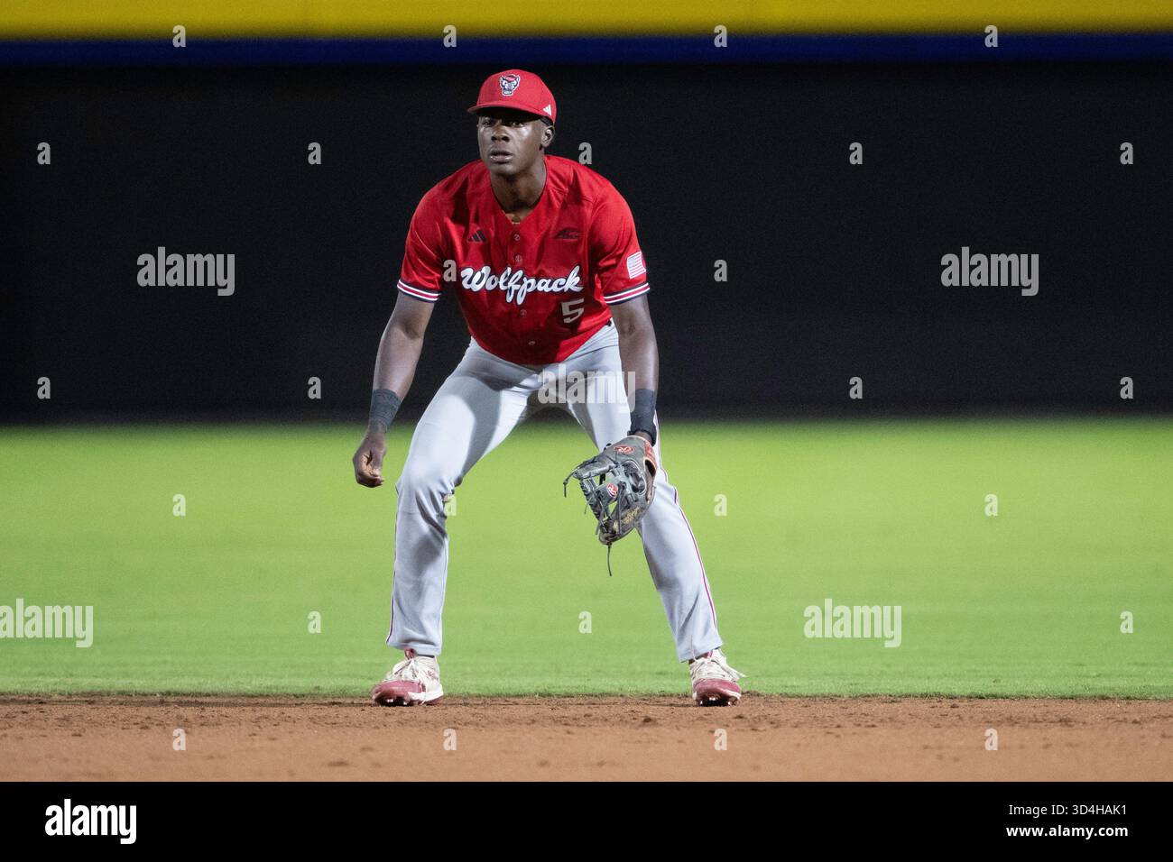 Second baseman Sherman Johnson (5) of the NC State Wolfpack in action ...
