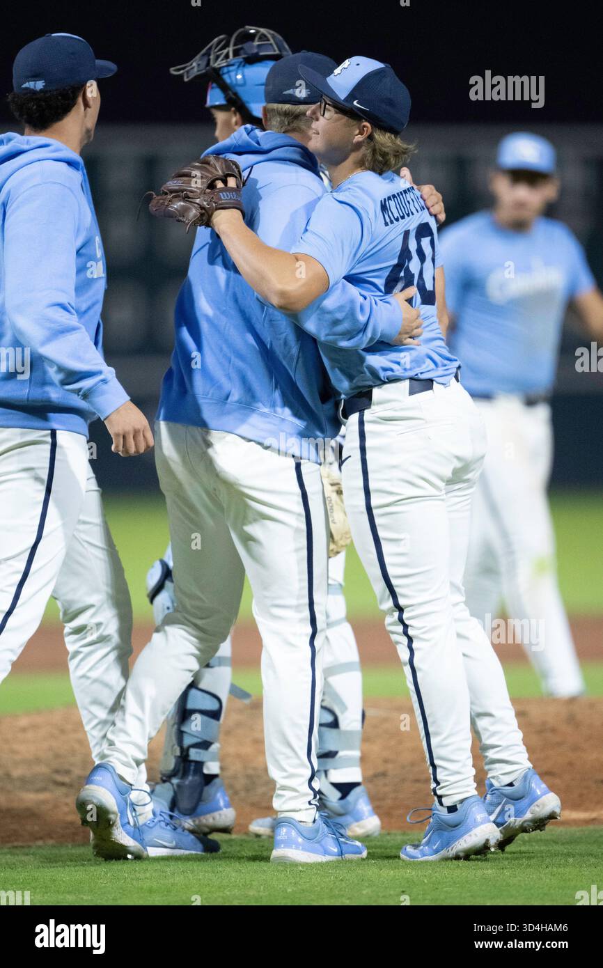 Pitcher Walker McDuffie (40) of the UNC Tar Heels celebrates after ...