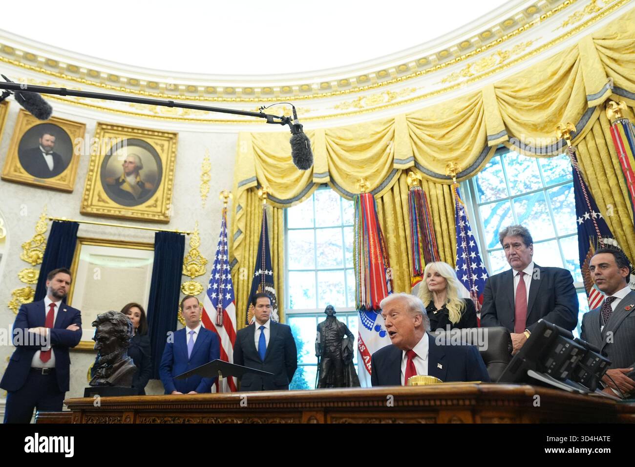President Donald Trump speaks to reporters after Vice President JD ...